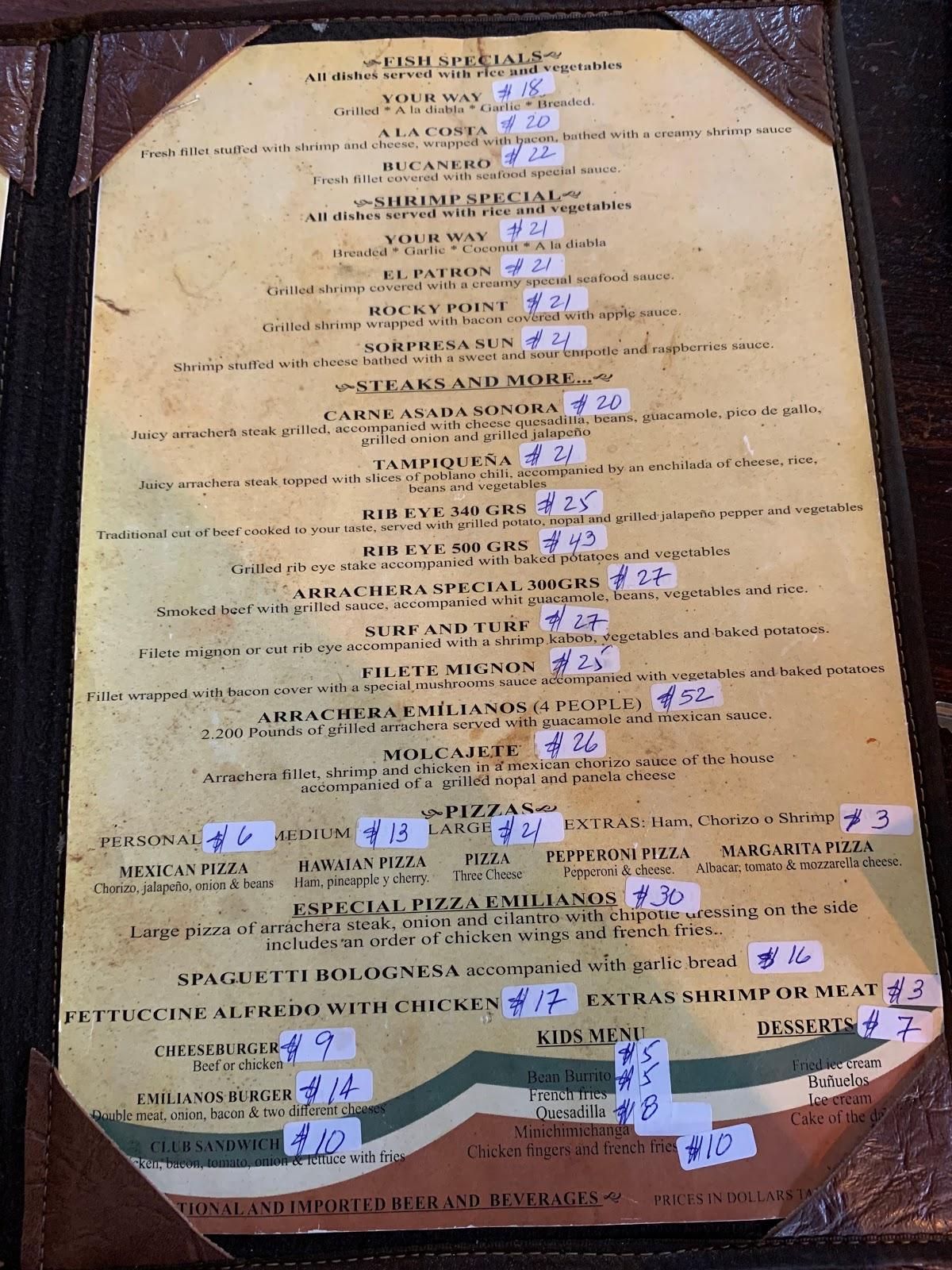 Menu at Emiliano's Restaurant and Sports Bar at Sonoran Sun Resort ...