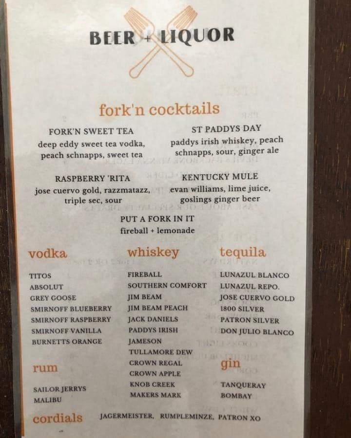 Menu at Fork in the Market restaurant, Roanoke, 32 Market Square SE #128