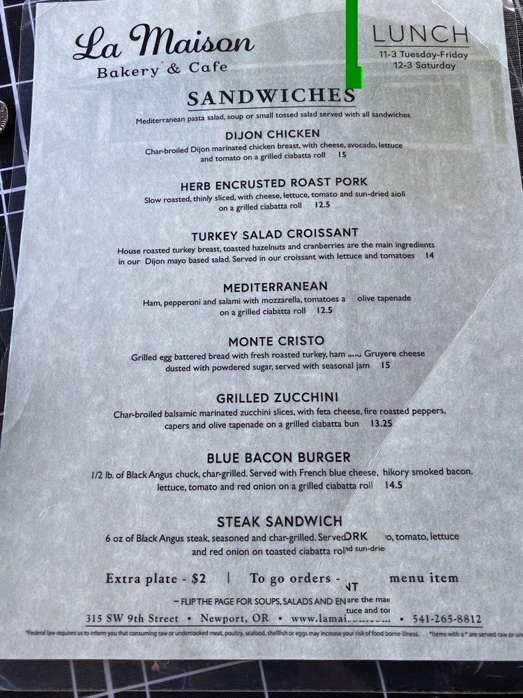 Menu at La Maison restaurant, Newport