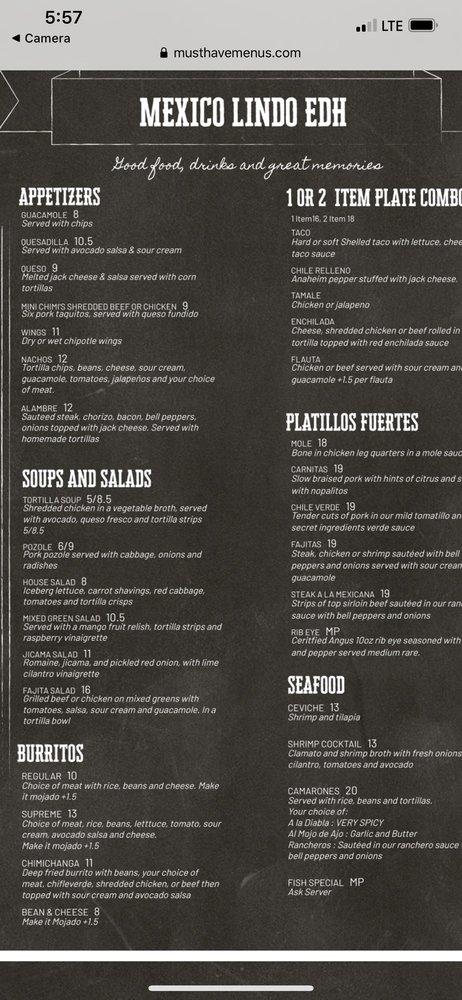 Menu at Mexico Lindo restaurant, El Dorado Hills