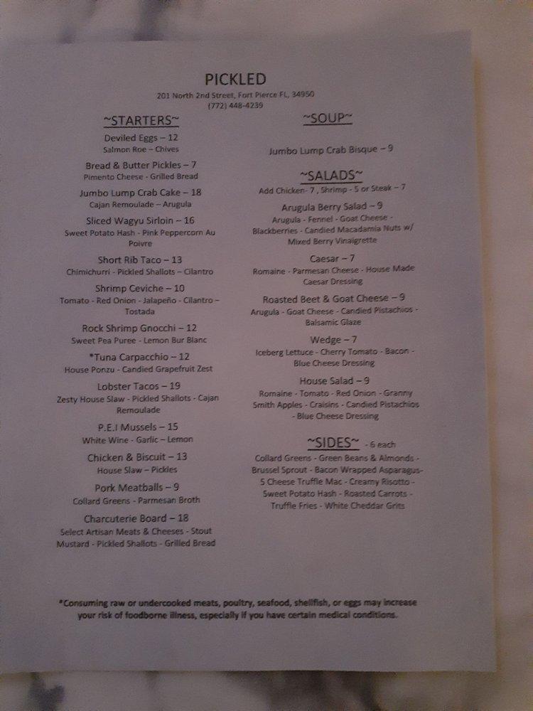 Menu at Pickled pub & bar, Fort Pierce