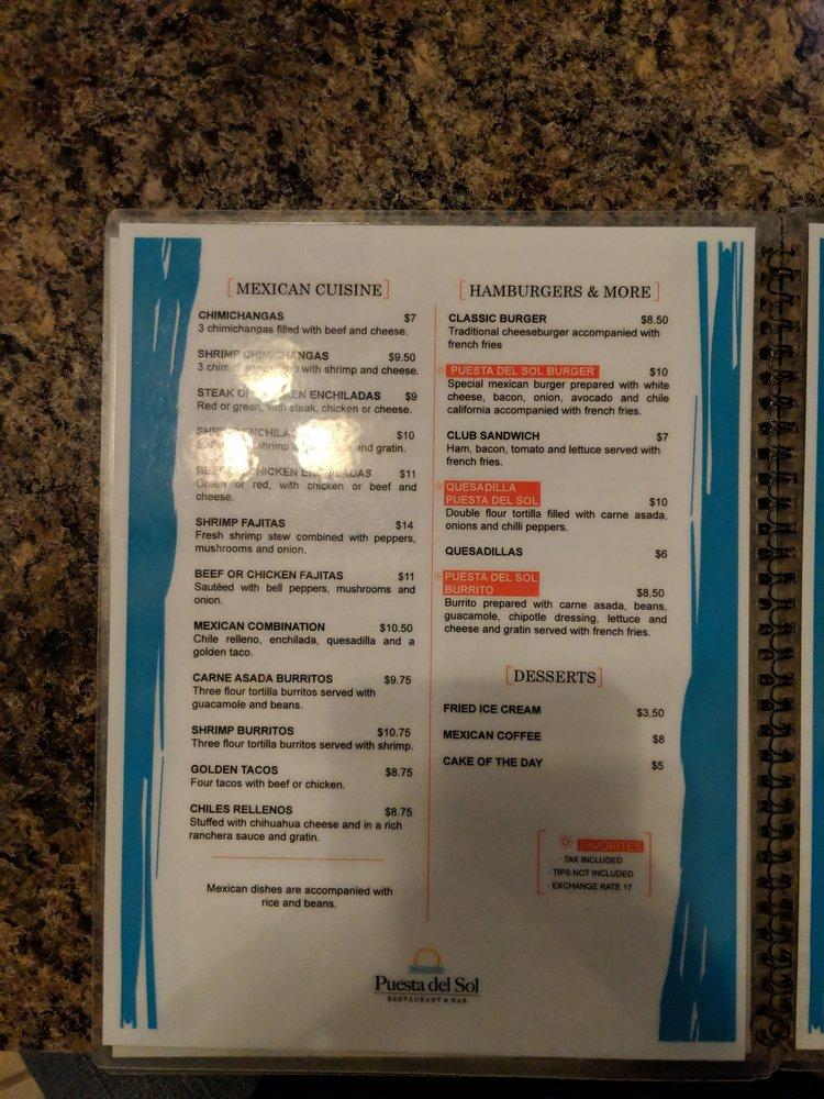 Menu at Puesta Del Sol restaurant, Puerto Peñasco, P.º Balboa 100