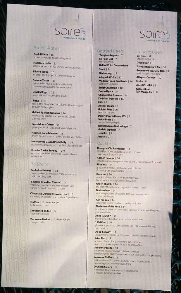Menu at Spire 73 pub & bar, Los Angeles
