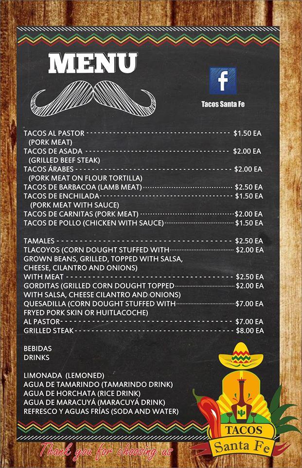 Menu at Tacos Santa Fe restaurant, New Haven
