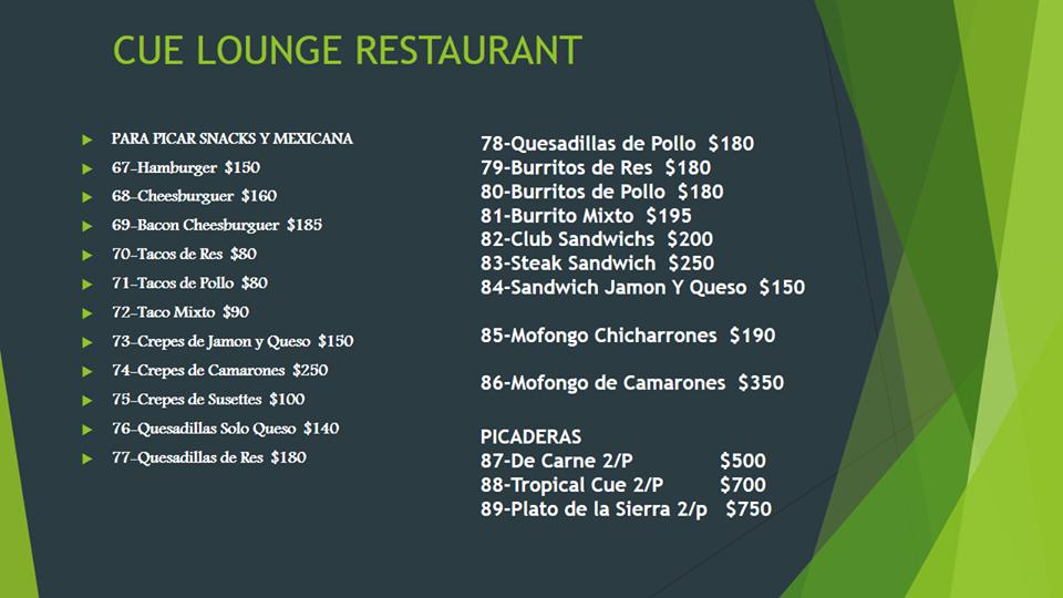 Menu at Cue lounge restaurant, San Francisco de Macoris