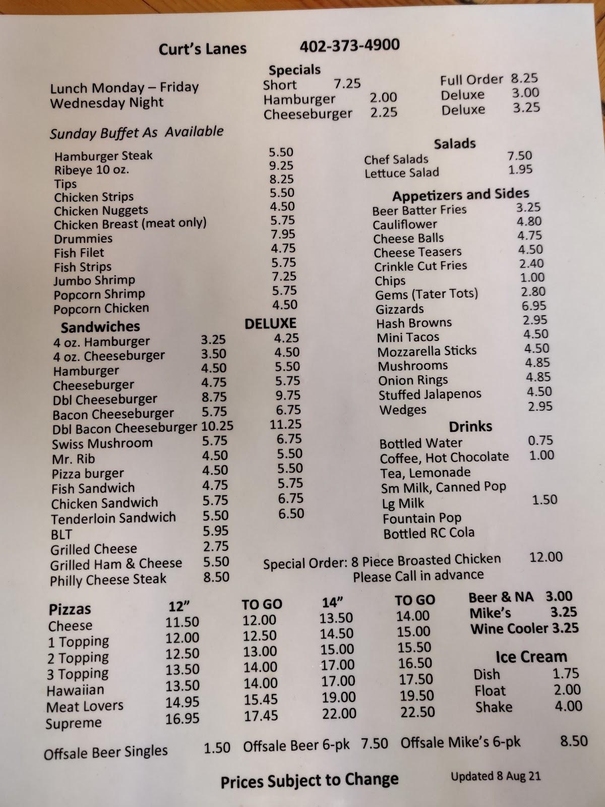 Menu at Curt’s Lanes And Dining restaurant, Bloomfield