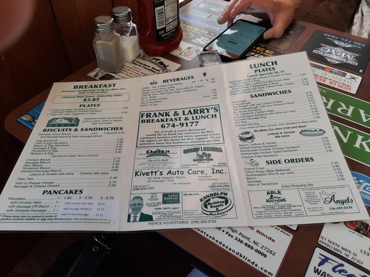 Menu at Frank & Larry's Drive In restaurant, Greensboro