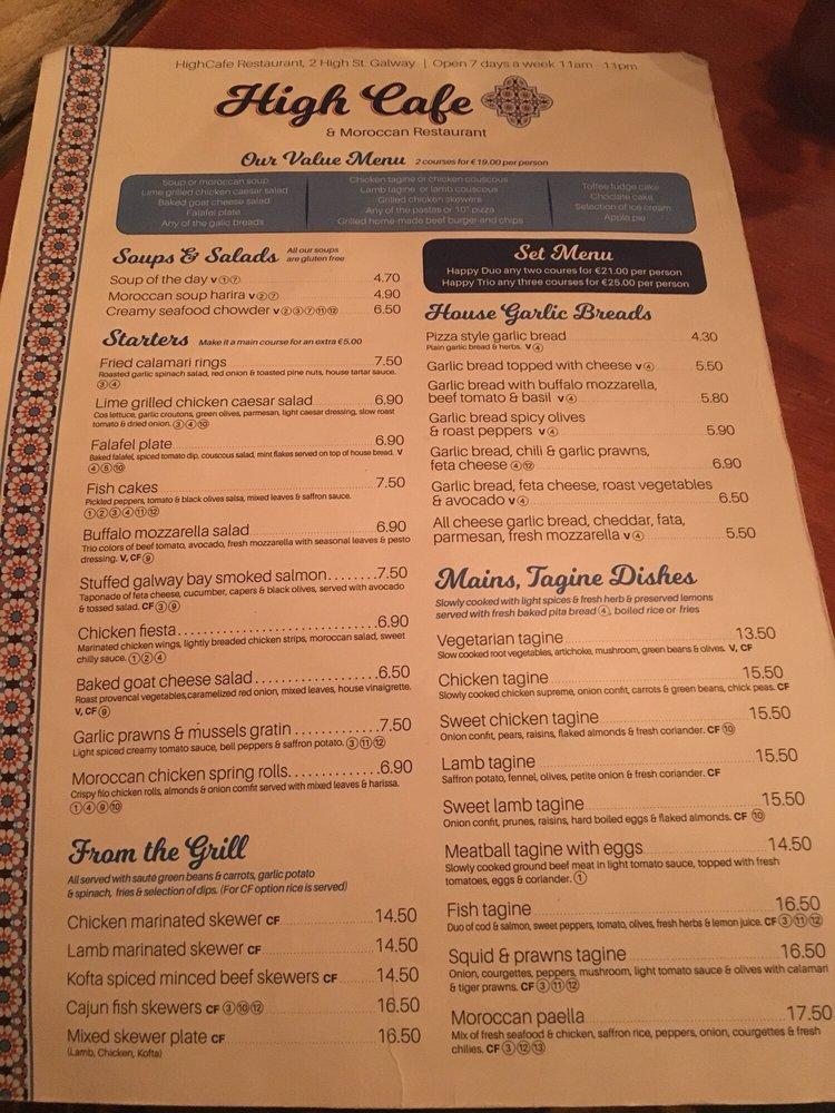 Menu at HighCafé Restaurant, Galway