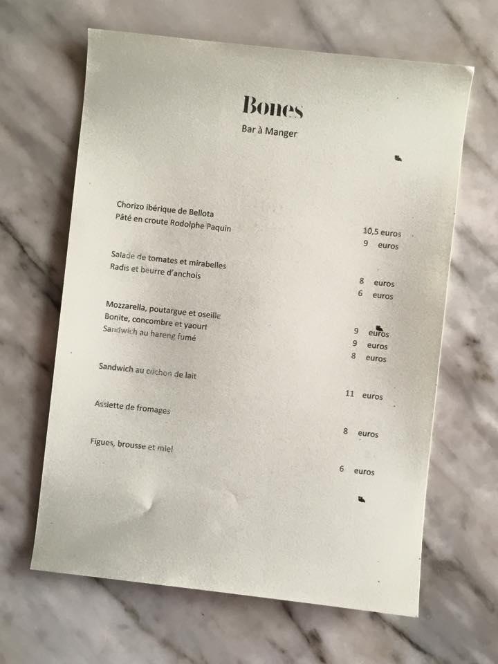 Menu at Jones restaurant, Paris