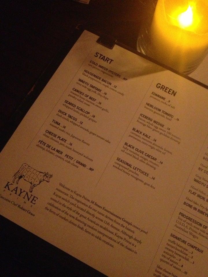 Menu at Kayne Prime Steakhouse, Nashville