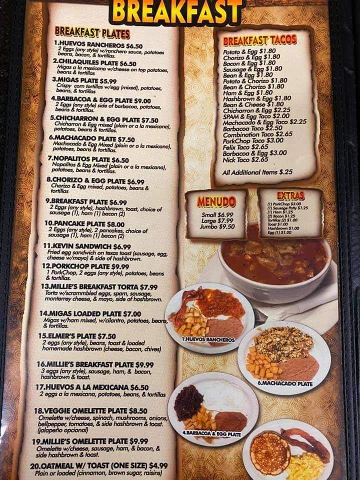 Menu at Millies Mexican Restaurant, Dilley