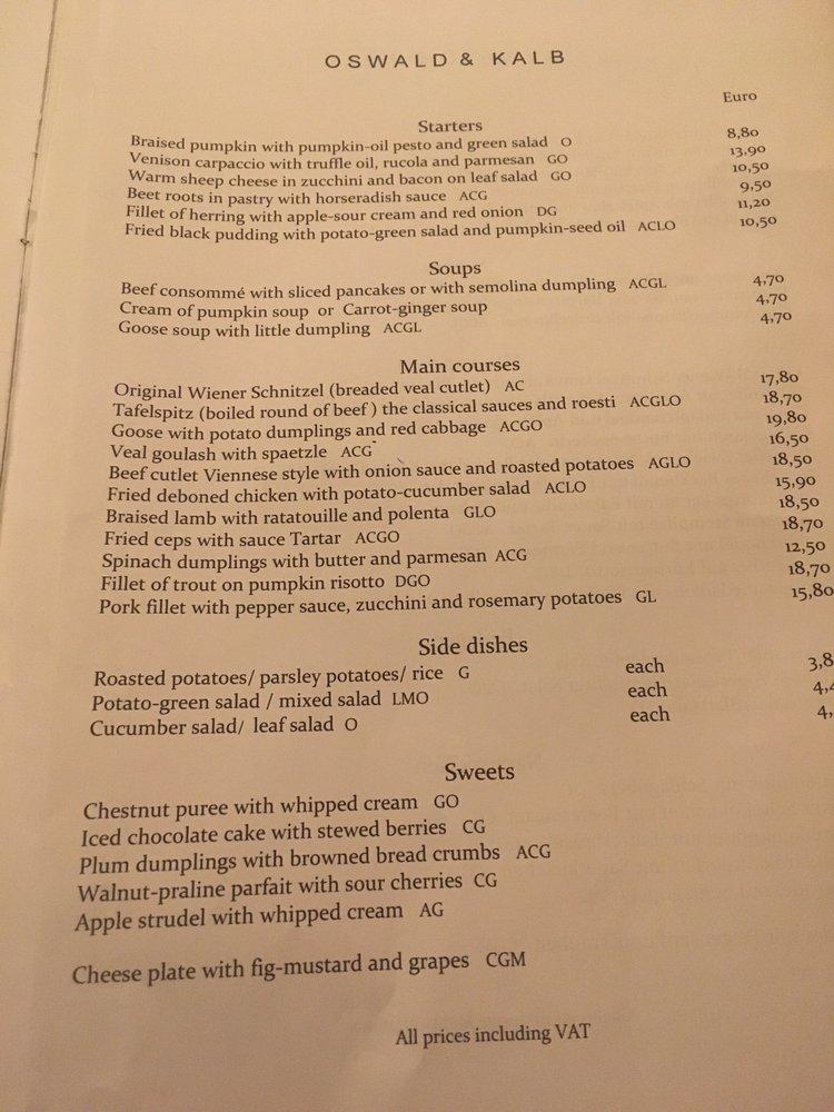 Carta del restaurante Oswald & Kalb, Viena, Bäckerstraße 14
