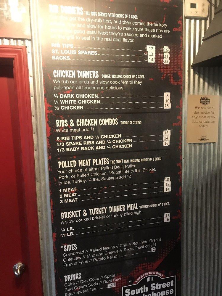 Menu at South Street Smokehouse BBQ, Lafayette