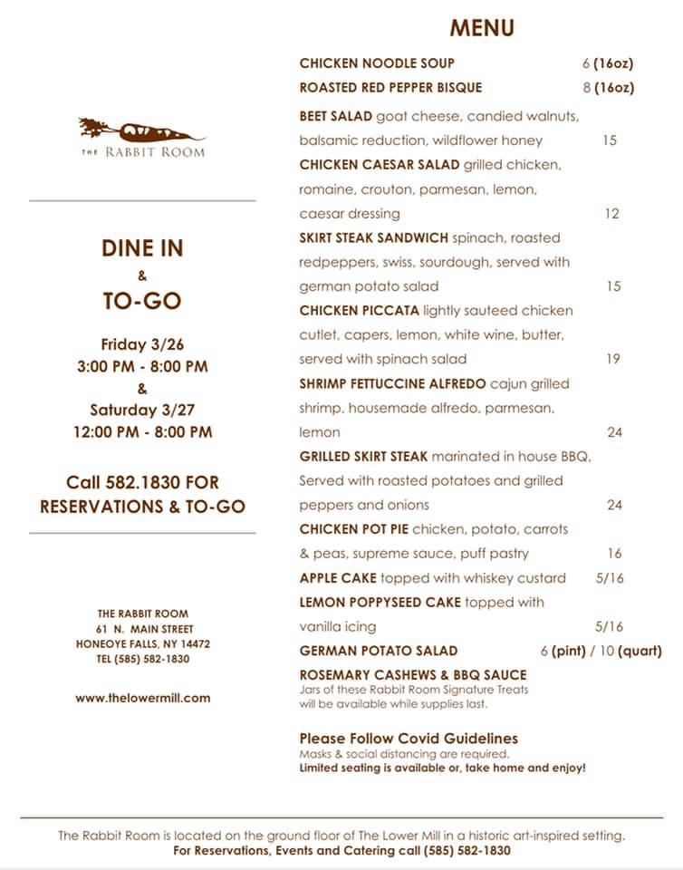 Menu at The Rabbit Room restaurant, Honeoye Falls