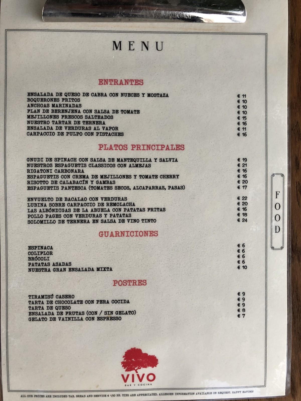 Menu at VIVO bistrot pub & bar, Santa Gertrudis de Fruitera, Carrer de ...