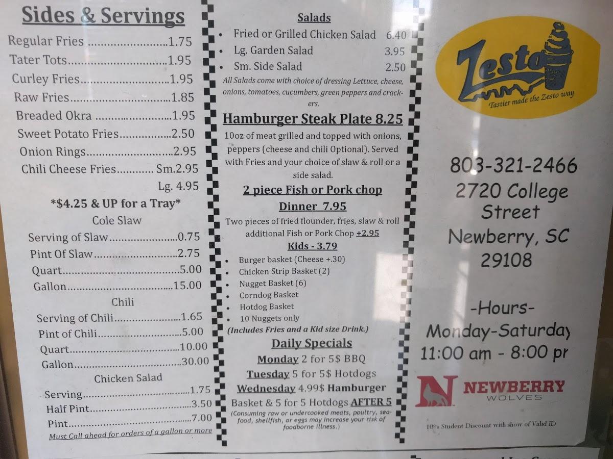 Menu at Zesto Drive-In fast food, Newberry