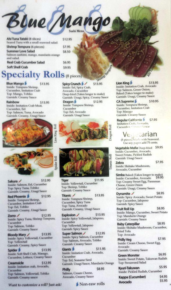 Menu at Blue Mango restaurant, San Jose, 635 Coleman Ave