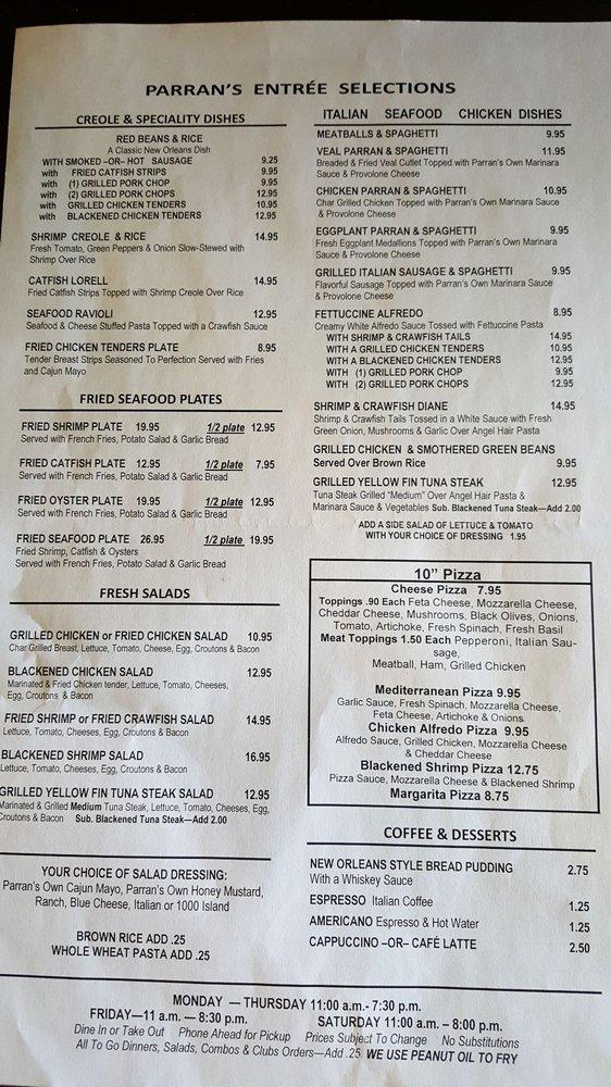 Menu at Parran's Po-Boys & Restaurant, Metairie, Veterans Blvd