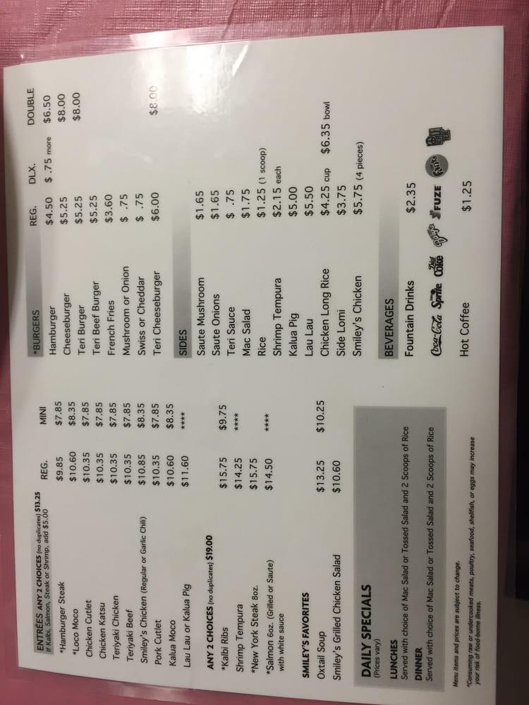 Menu at Smiley's Local Grinds restaurant, Lihue