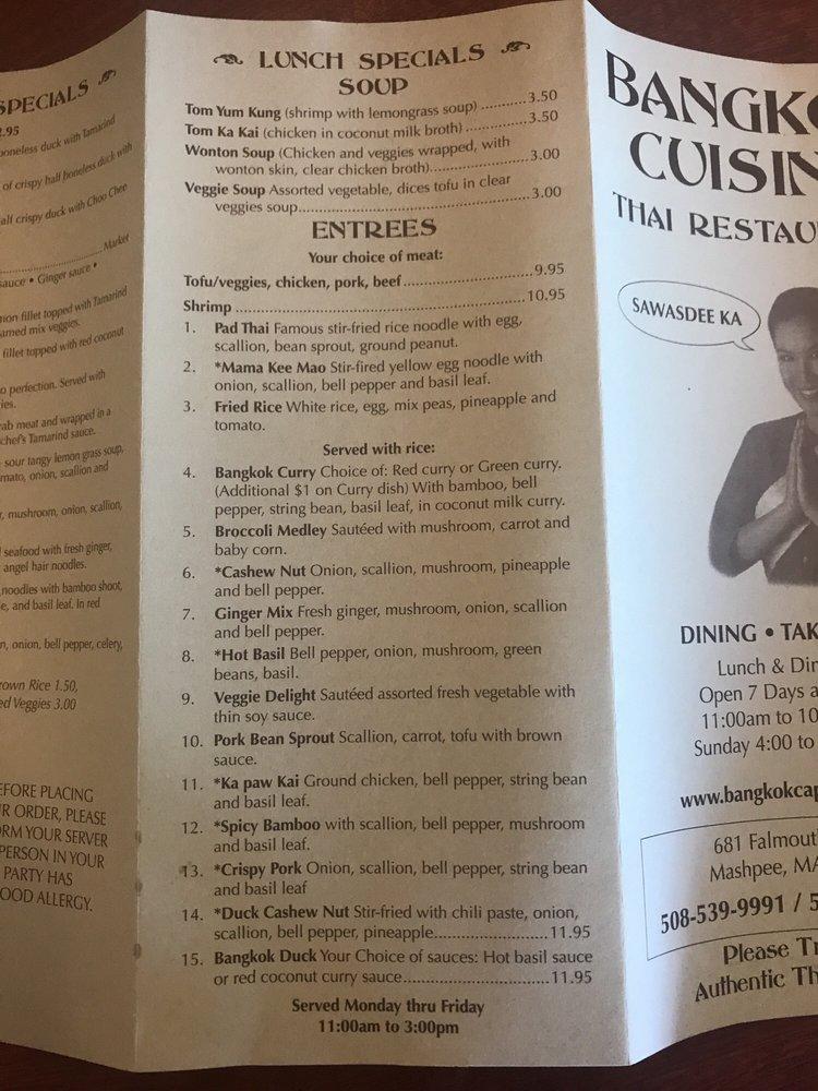 Menu at Bangkok Cuisine restaurant, Mashpee