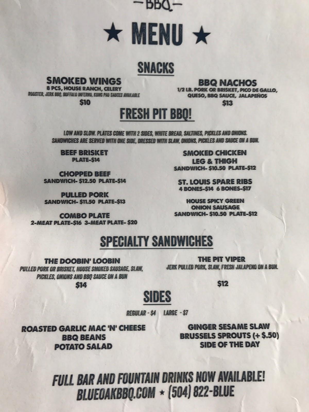 Menu at Blue Oak BBQ, New Orleans, 900 N Carrollton Ave
