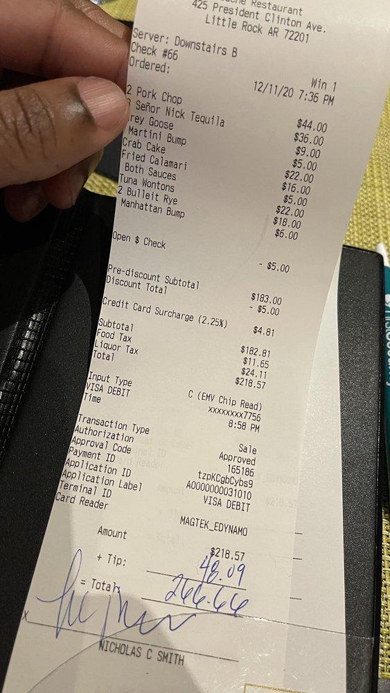 Menu at Cache Restaurant, Little Rock