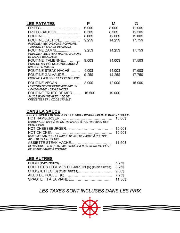 Menu au Casse-Croûte du Pêcheur restaurant, Sept-Iles