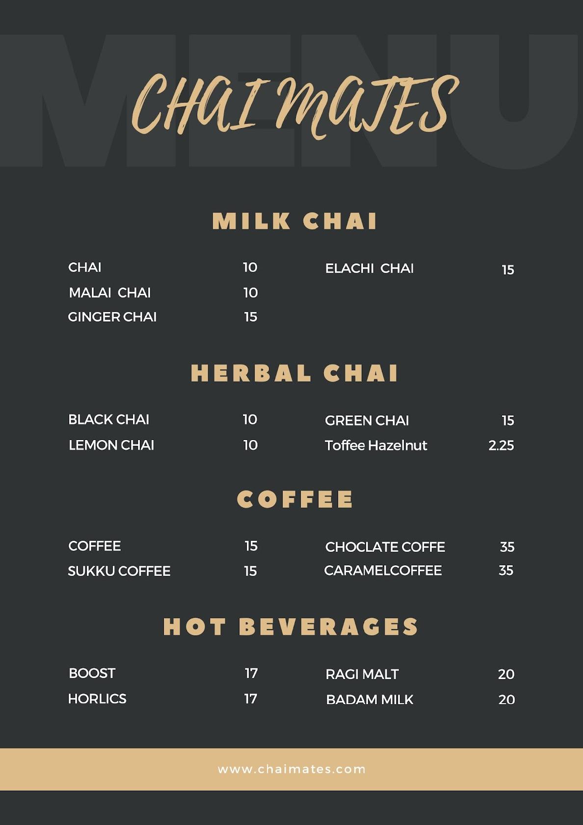 Menu at Chai mates, Chennai