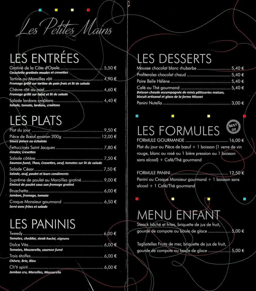 Menu at Les petites mains restaurant, Calais