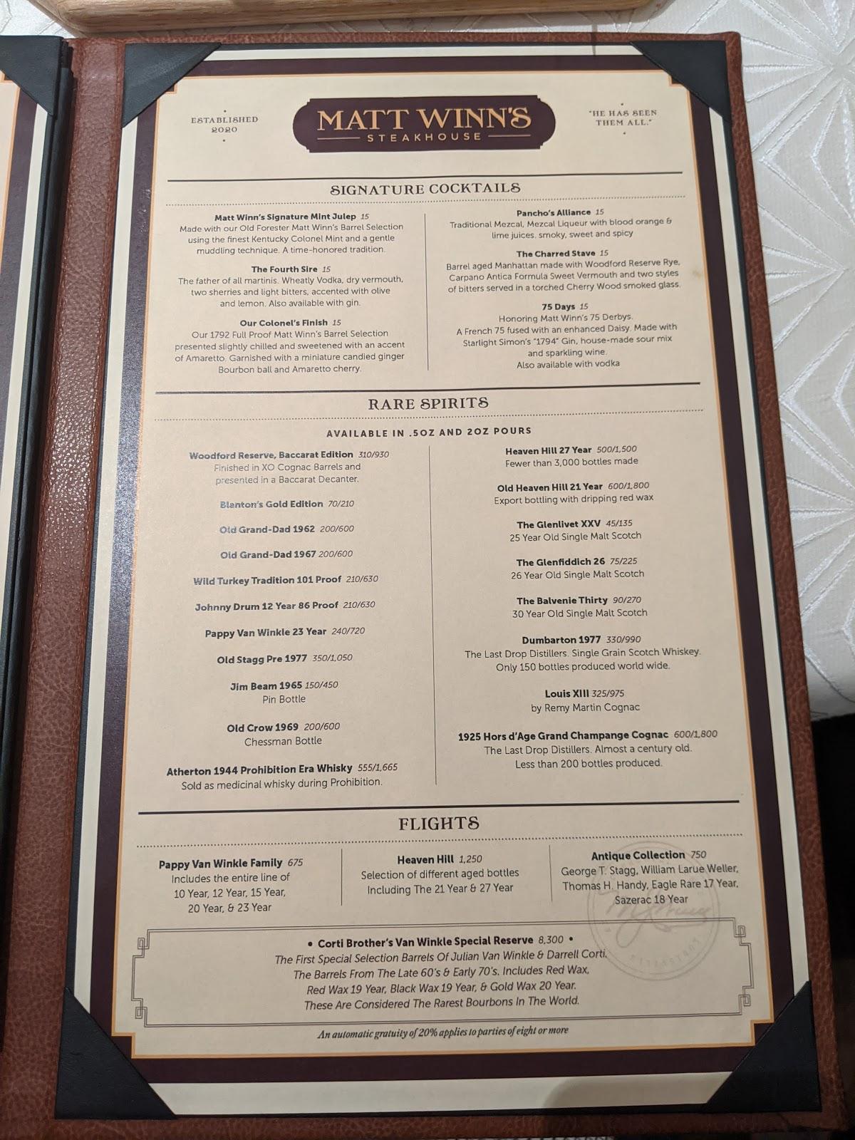 Menu at Matt Winn's Steakhouse, Louisville