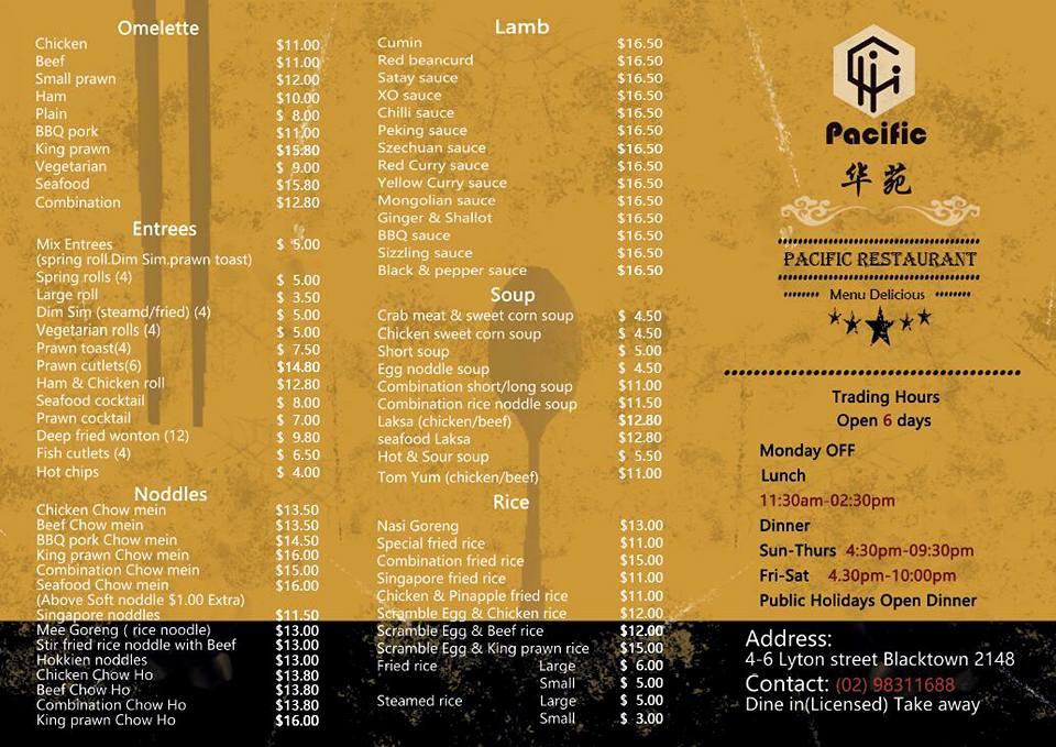 Menu at Pacific Chinese Restaurant 華苑餐廳, Blacktown