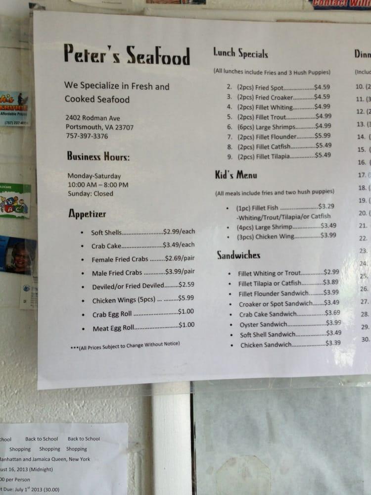 Menu at Peter Seafood restaurant, Portsmouth