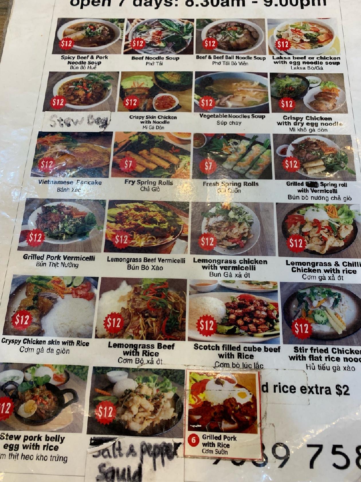Menu at Saigon Noodle restaurant, Bondi Junction