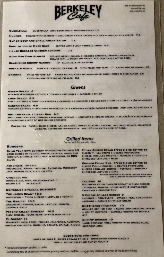 Menu at Berkeley Cafe, Raleigh