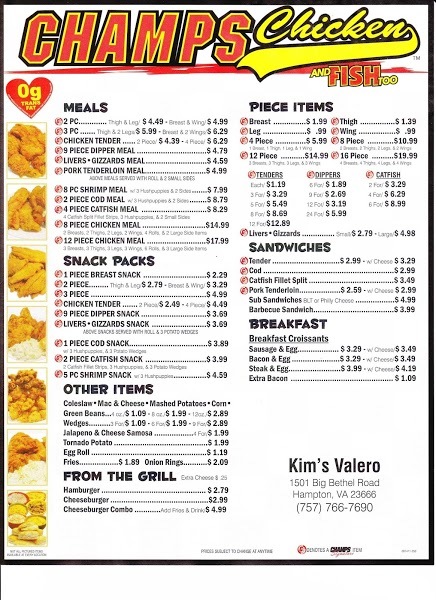 Menu at Champs Chicken restaurant, Hampton