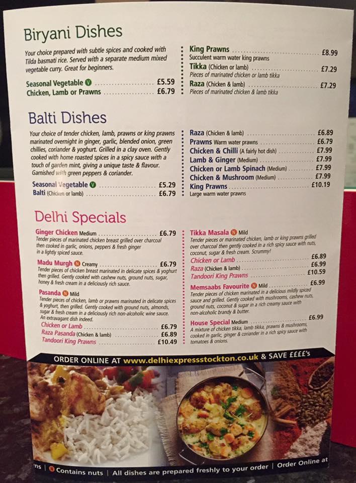 Menu at Delhi Express restaurant, Stockton-on-Tees