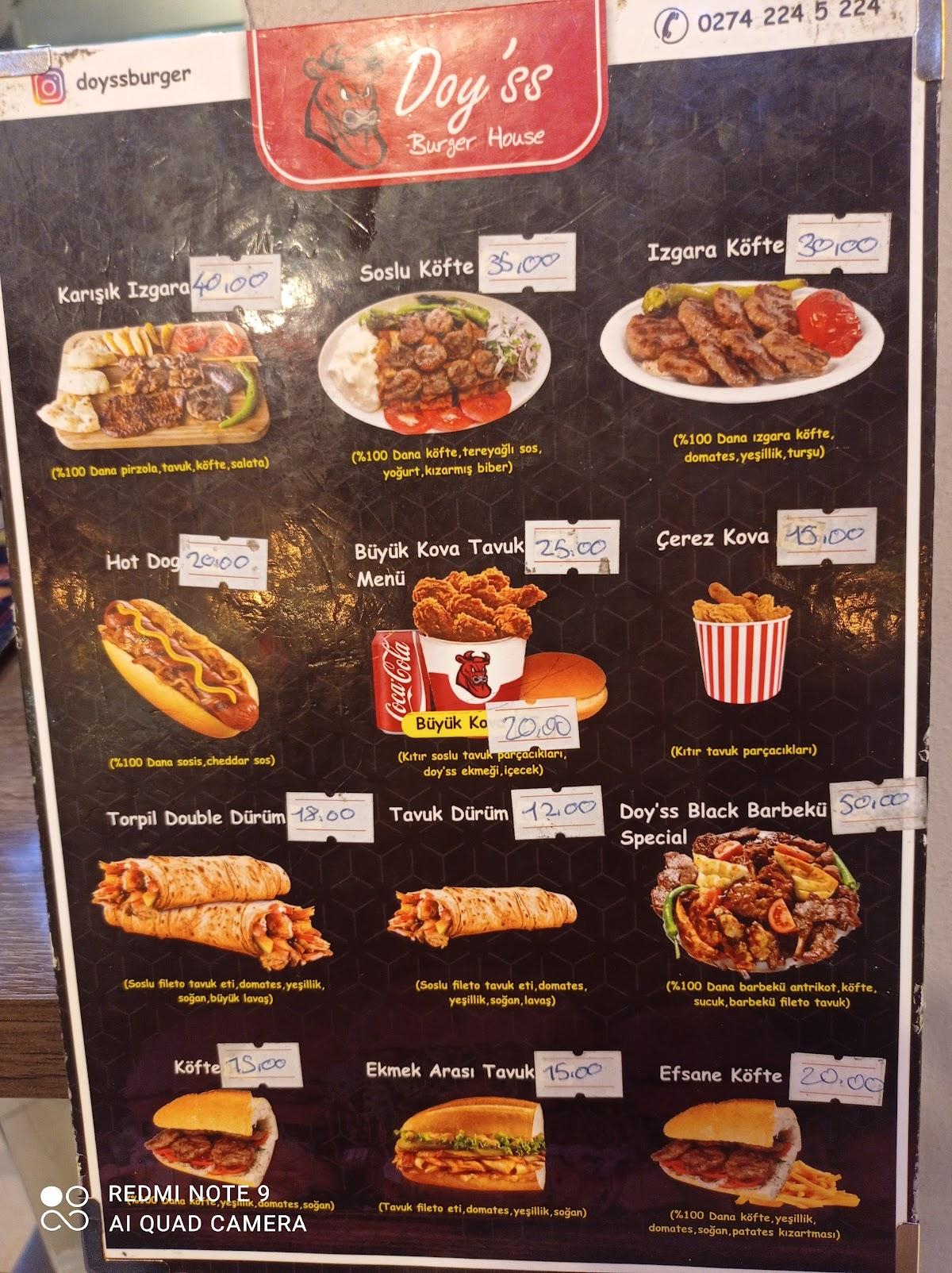 Menu at Doy'ss Burger House, Kütahya