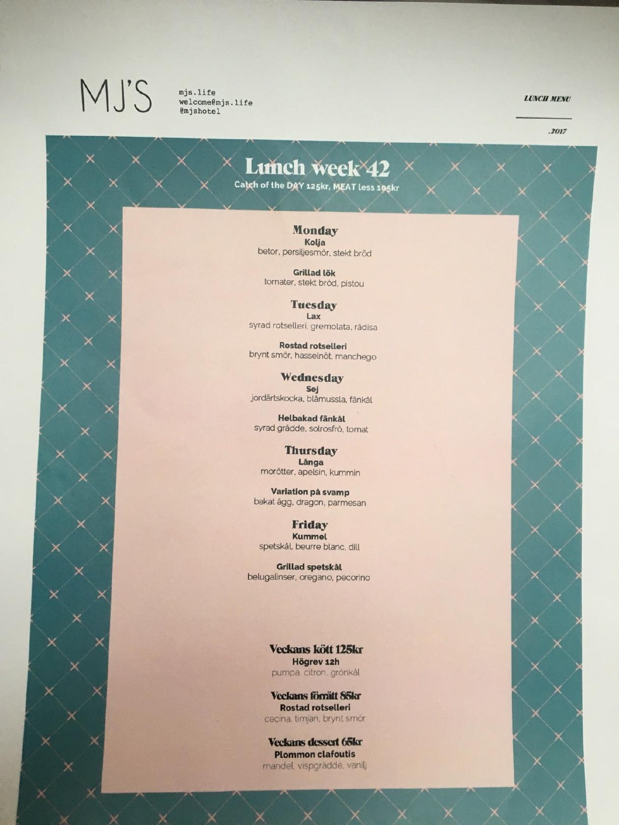 Menu at Mj's Hotel restaurant, Malmö