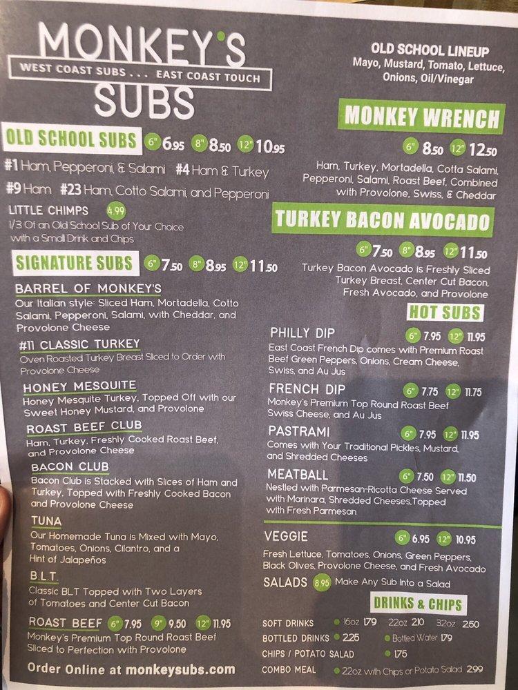 Menu at Monkey's Subs Tigard restaurant, Tigard, SW Scholls Ferry Rd