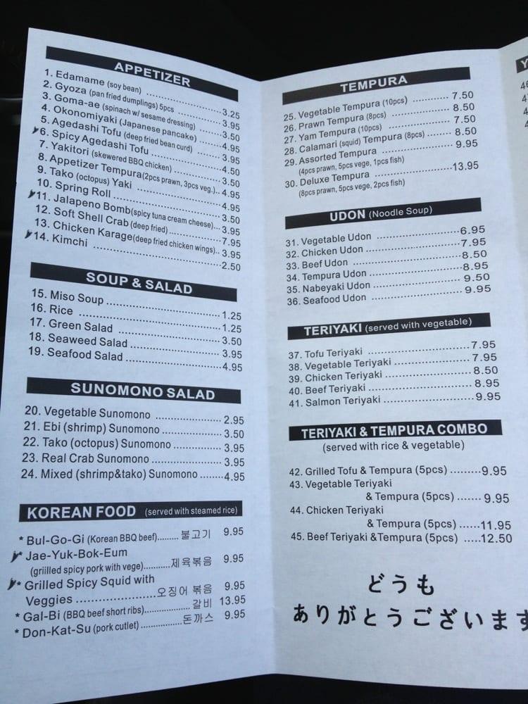 Menu au Nikko Sushi restaurant, Abbotsford