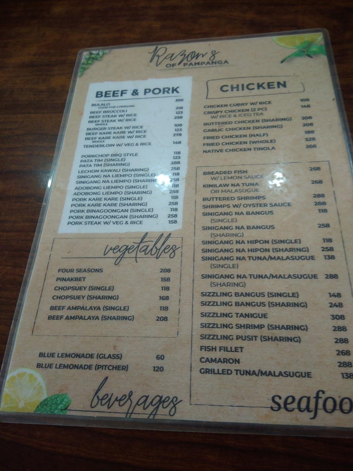 Menu at Razon's of Pampanga restaurant, Butuan City