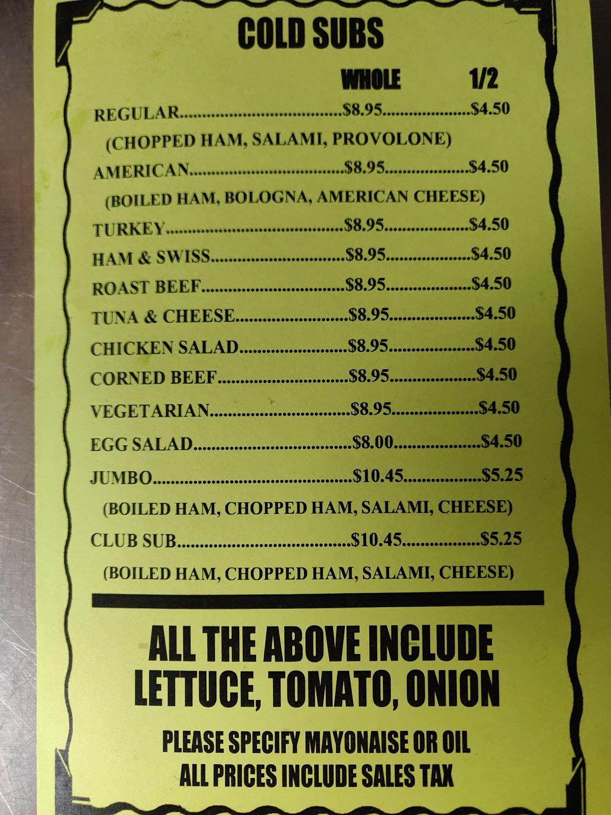Menu at Southside Sub Shop fast food, Elmira, 374 S Main St
