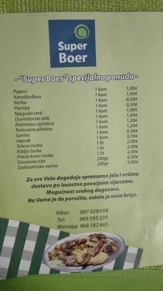 Menu at Super Boer restaurant, Podgorica