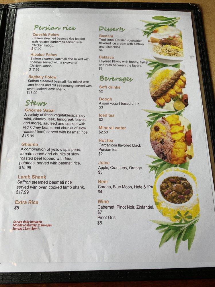 Menu at Tehroon Restaurant, Beaverton
