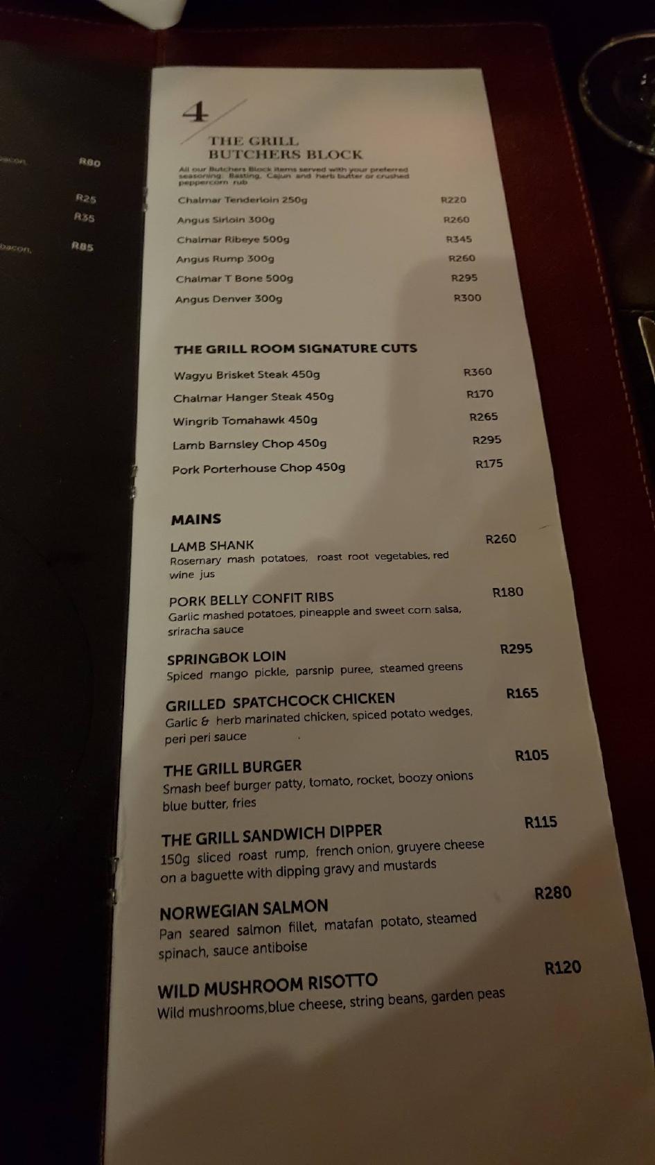 Menu at The Grill Room restaurant, Sun City