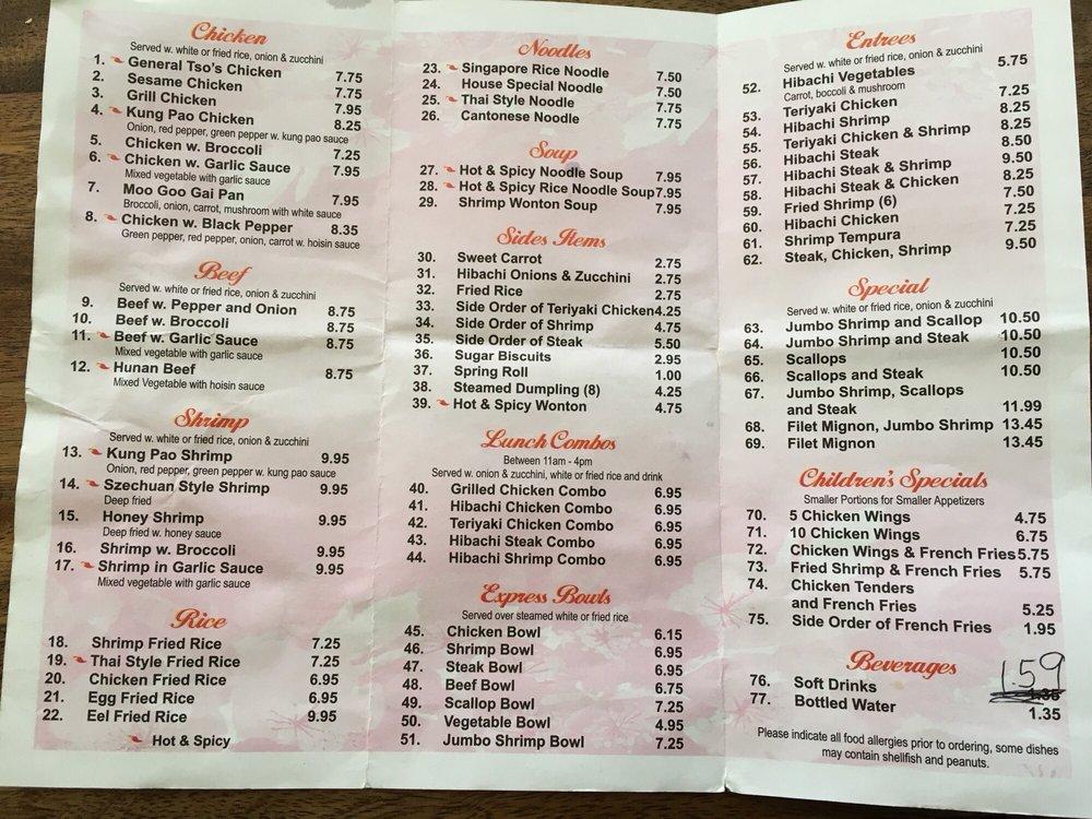 Menu at Tokyo Express restaurant, Sanford