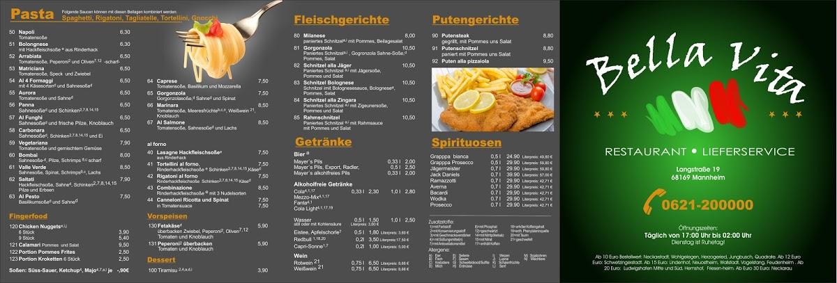 Menu at Bellagio restaurant, Mannheim
