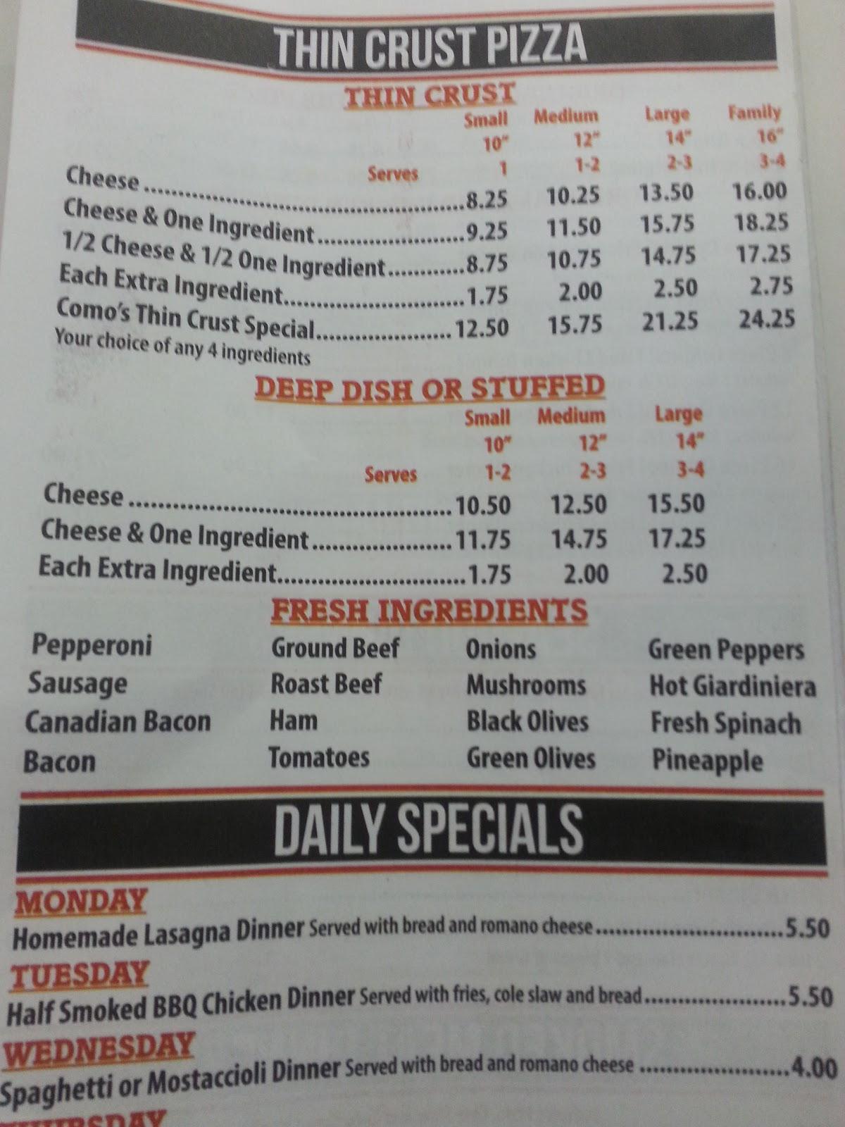 Menu at Como's Pizza pizzeria, Broadview