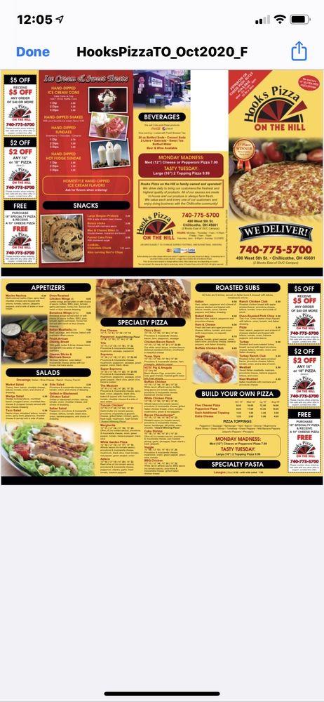 Menu at Hooks Pizza On the Hill pizzeria, Chillicothe