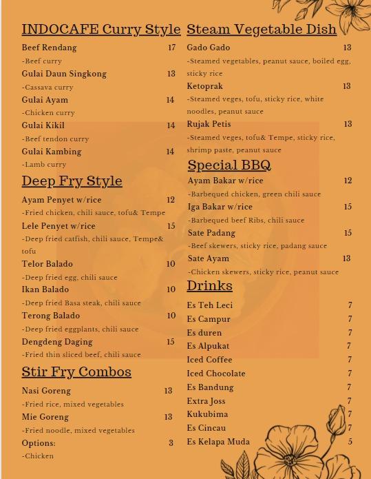 Carta de Indo Cafe & Restaurant Authentic Indonesian Food, Belmore